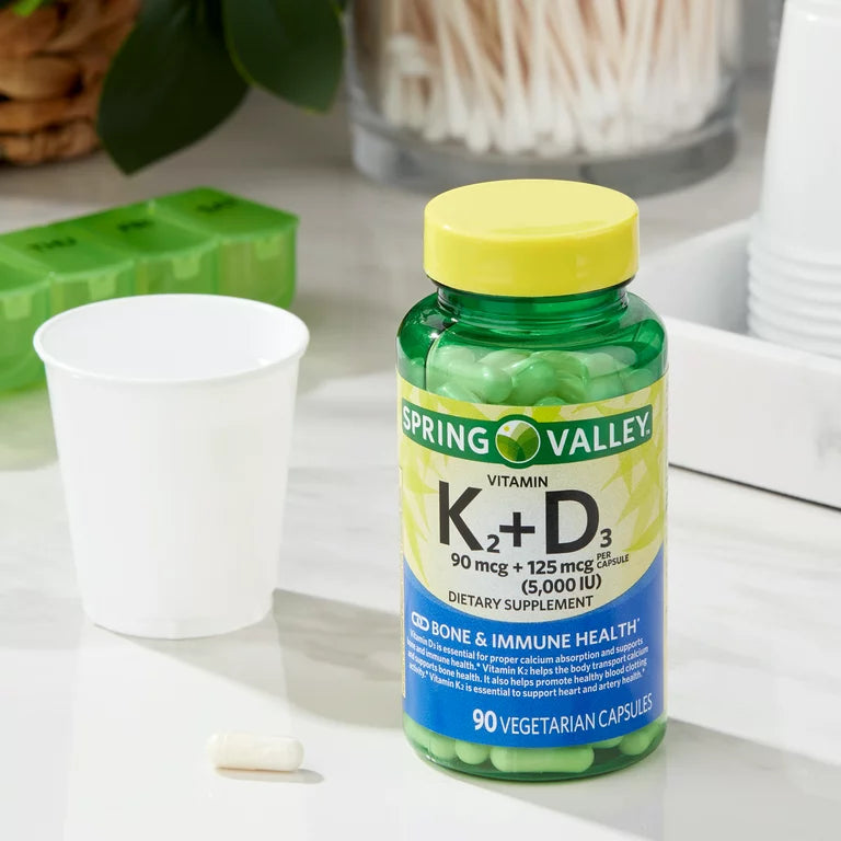 Spring Valley Vitamin K2 (90mcg) + D3 (125mcg) Vegetarian Capsules, 90 ...